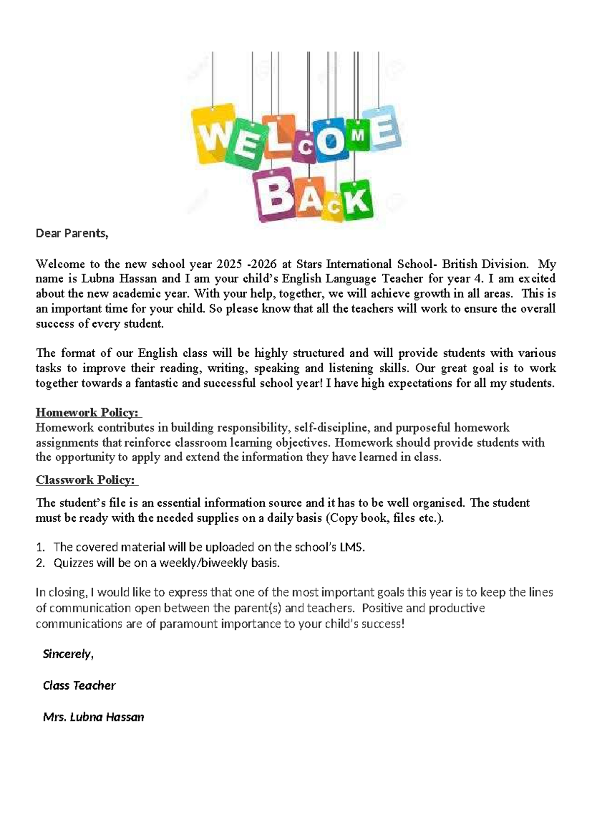 Welcome Letter to Parents - Year 4 English Class 2025 - Studocu