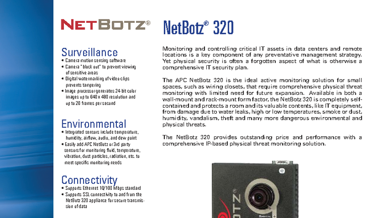 APC 998-0351 NetBotz 320: Comprehensive Monitoring Solutions - Studocu