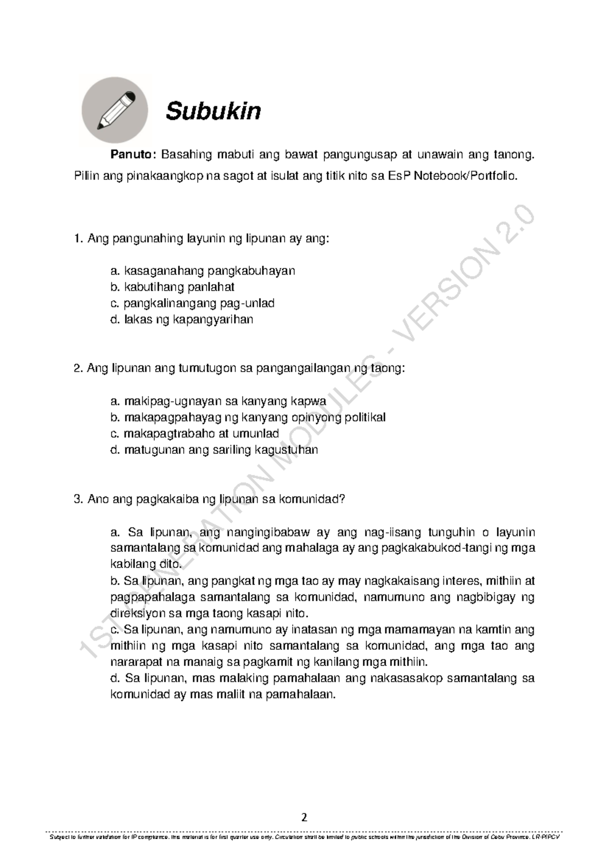 Module 1 - esp - 2 Subukin Panuto: Basahing mabuti ang bawat ...