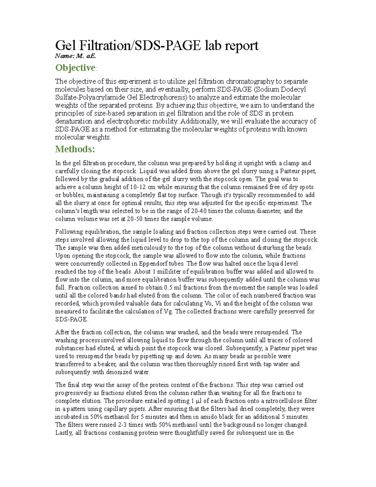 Biology 3204: Lab Report 1 on Gel Filtration/SDS-PAGE Analysis - Studocu