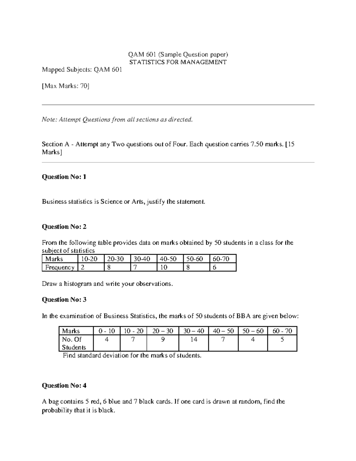 QAM 601 Final Exam Sample Question Paper: Statistics for Management ...