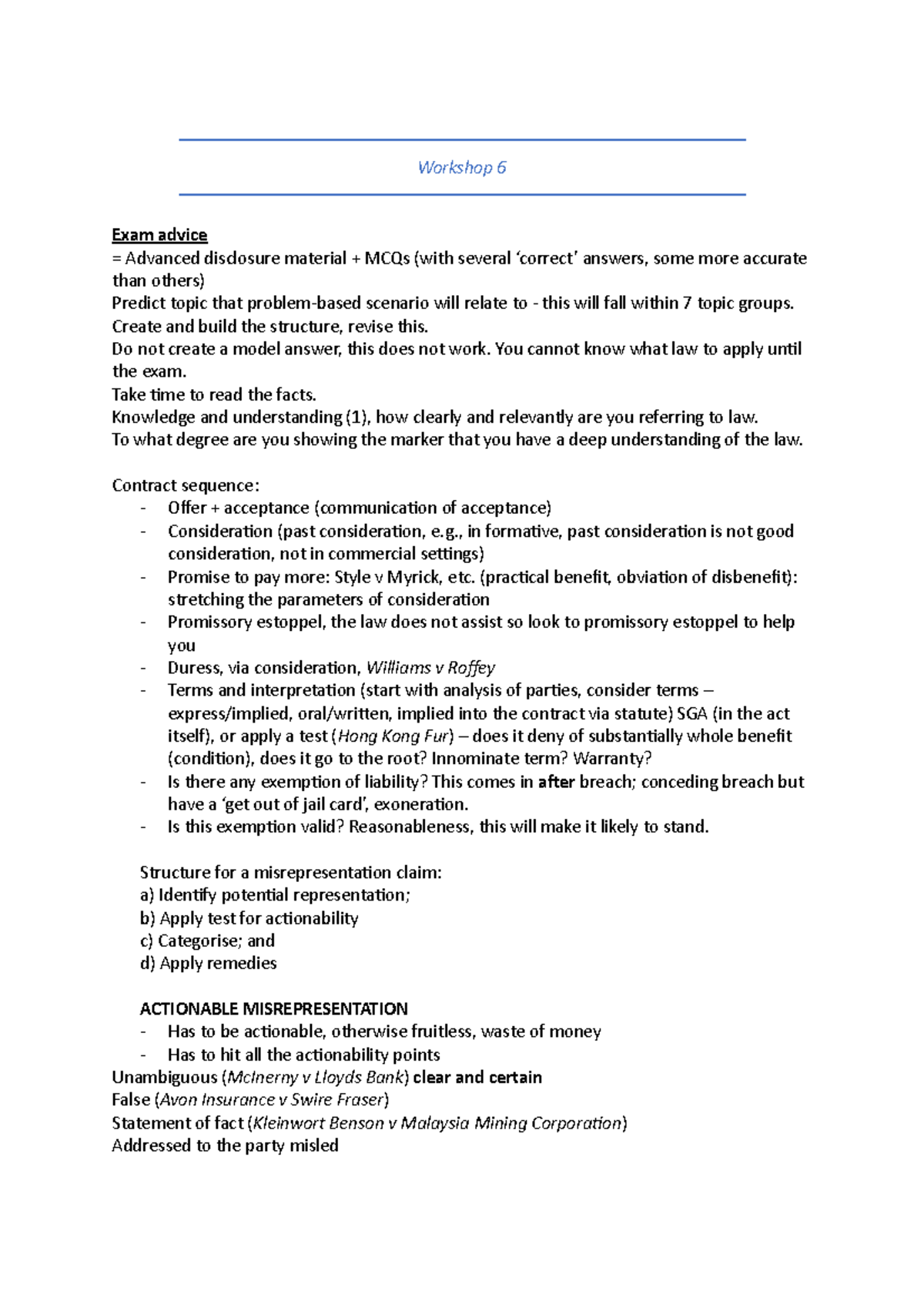 Contract Workshop 6 Exam Advice And Key Concepts Studocu