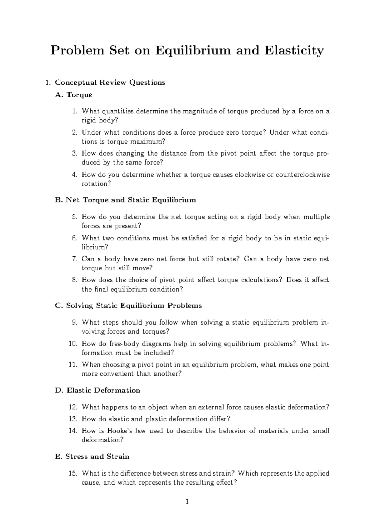Equilibrium and Elasticity: Problem Set Review Questions - Studocu