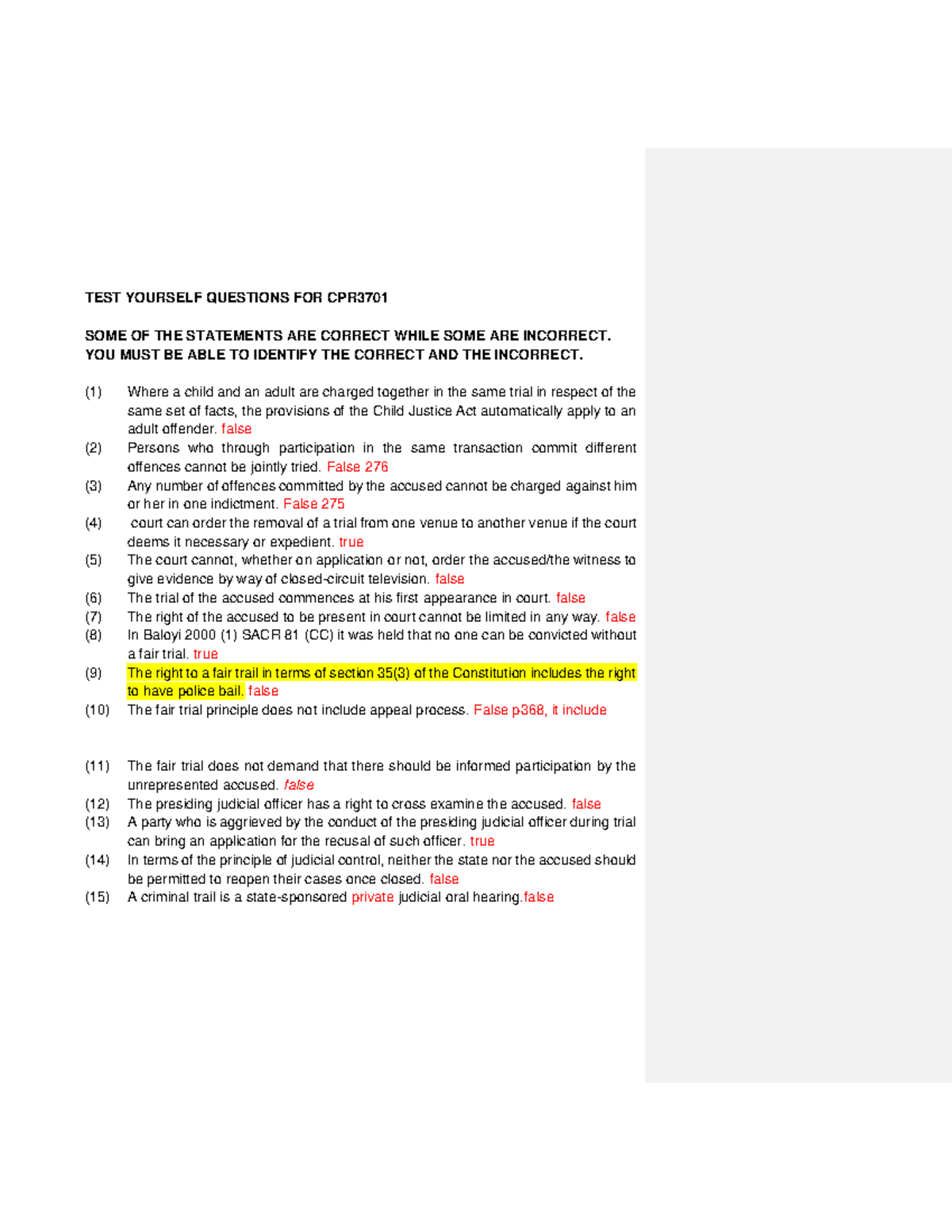CPR3701 Test Yourself Questions: Identifying Correct & Incorrect ...