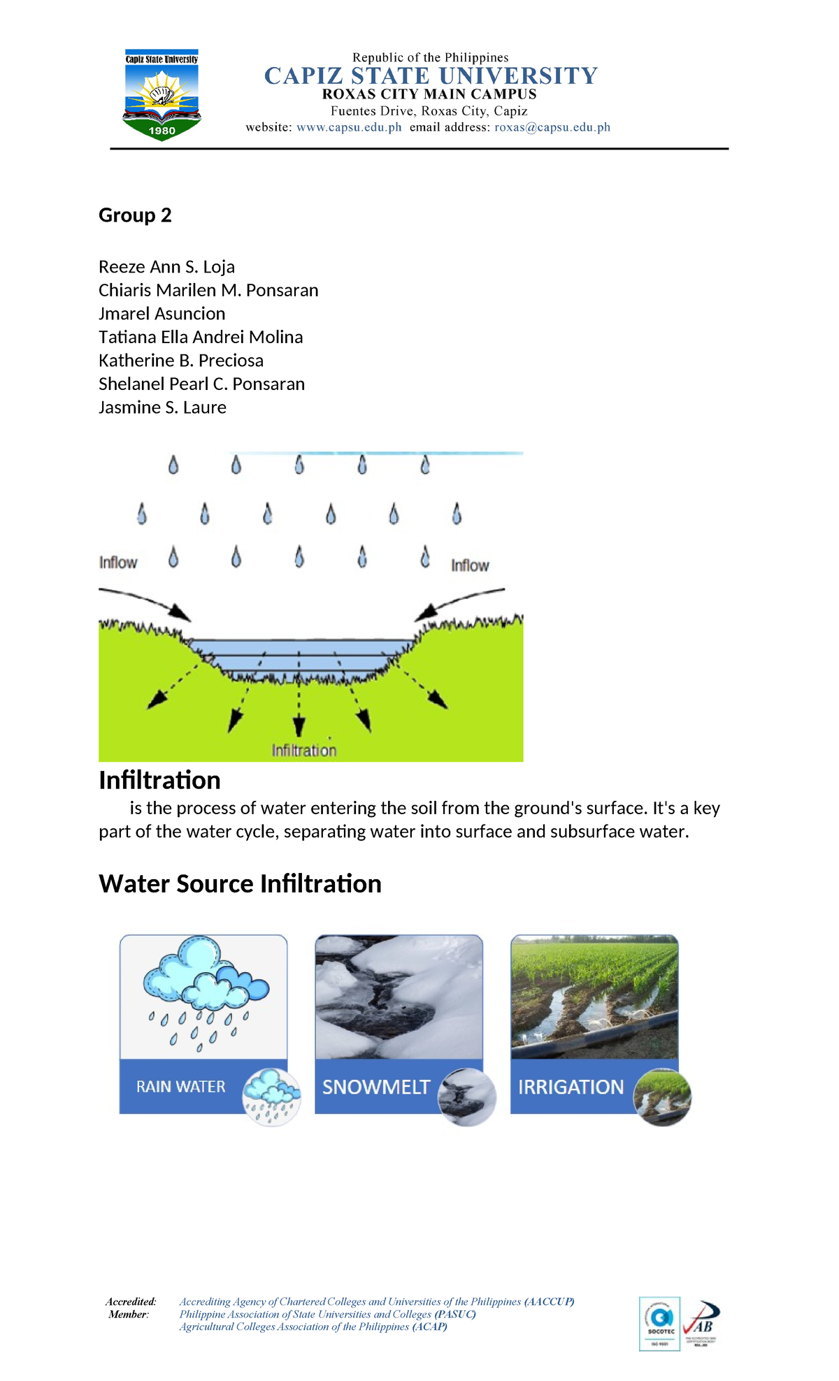 Group 2 Reporting on Hydrology: Infiltration Processes and Impacts ...