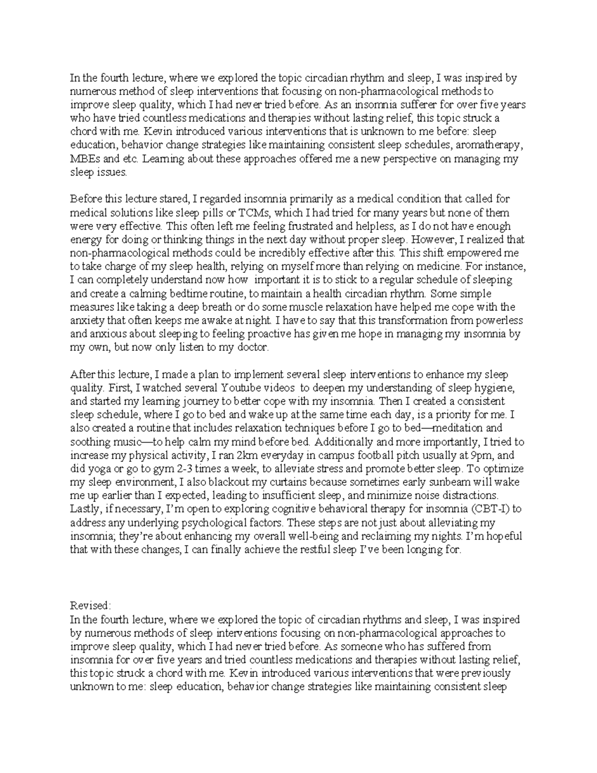 Learning Reflection: Sleep Interventions from Lecture 4 (Course Code ...