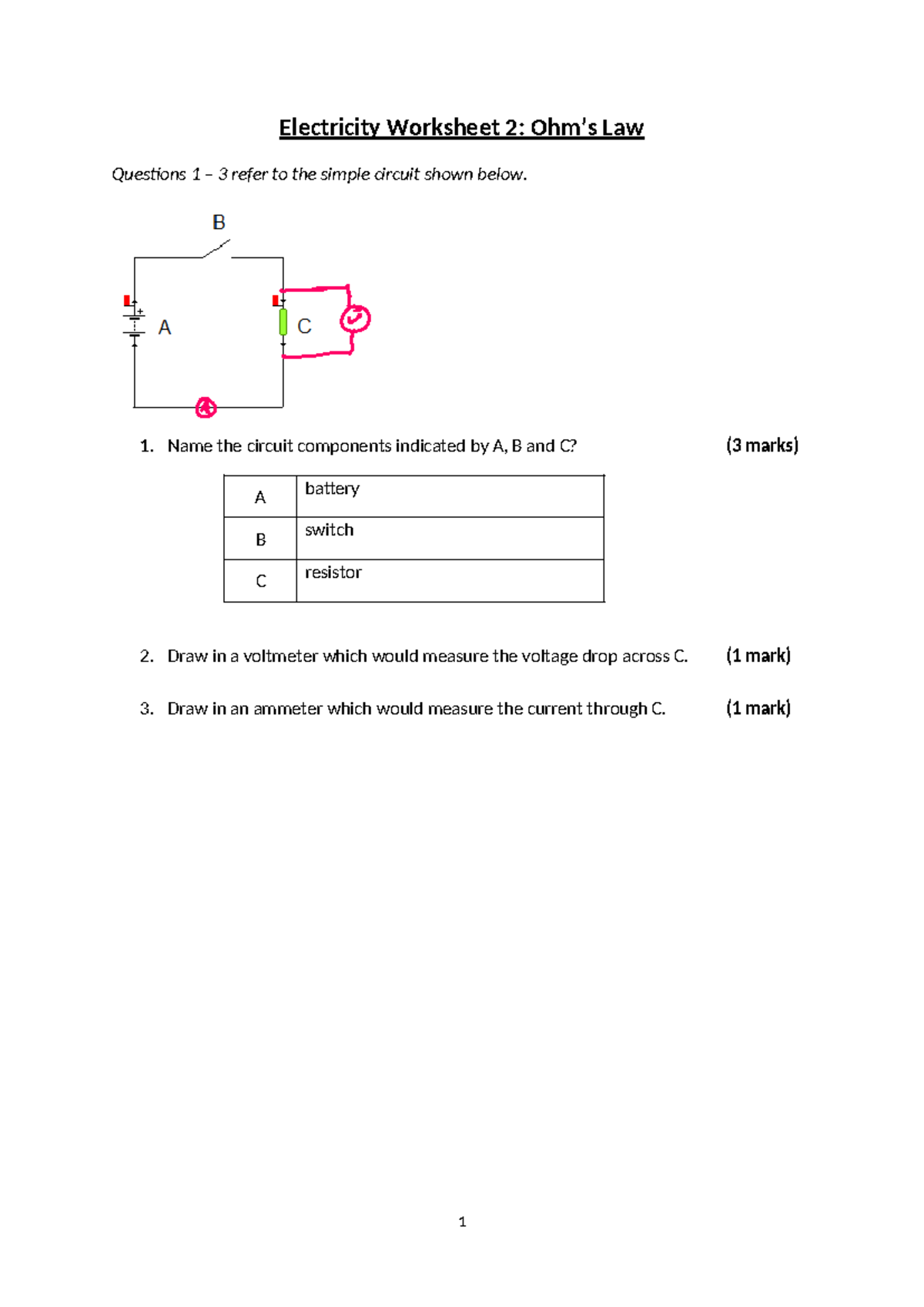 Electricity 2 Worksheet: Circuit Components & Ohm's Law Questions - Studocu
