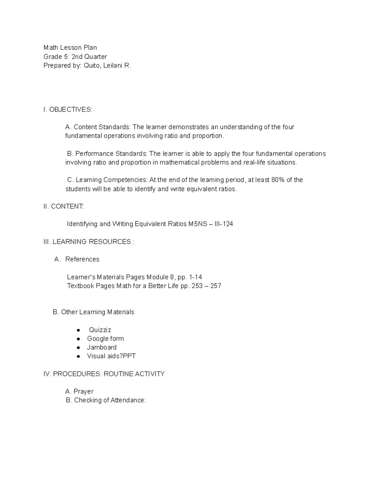 Math TWO Column Detailed Lesson Plan - Math Lesson Plan Grade 5: 2nd ...