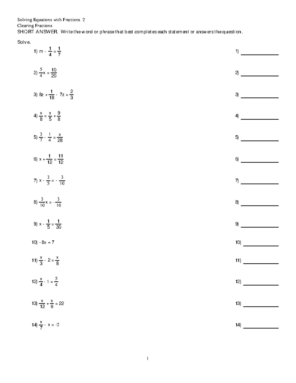 Pract Test Part 1 College Algebra - Solving Equations with Fractions 2 ...