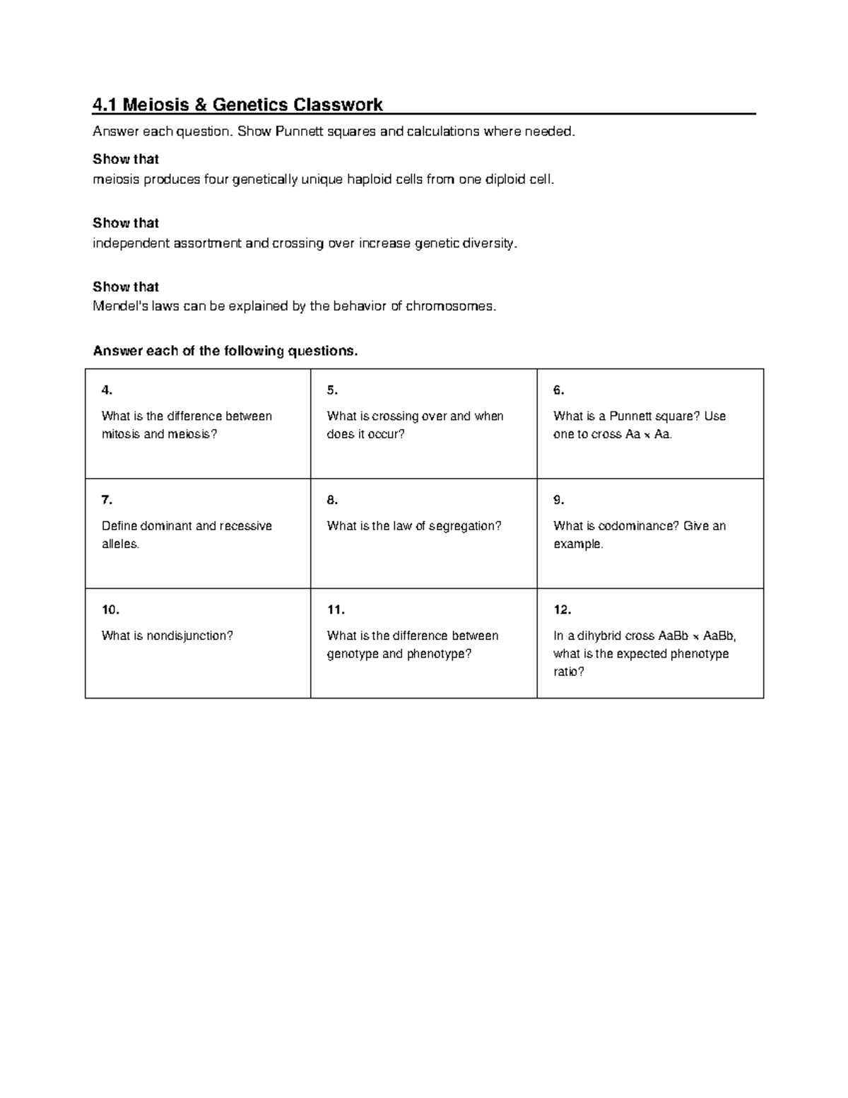 4.1 Meiosis and Genetics Classwork: Key Concepts and Questions - Studocu