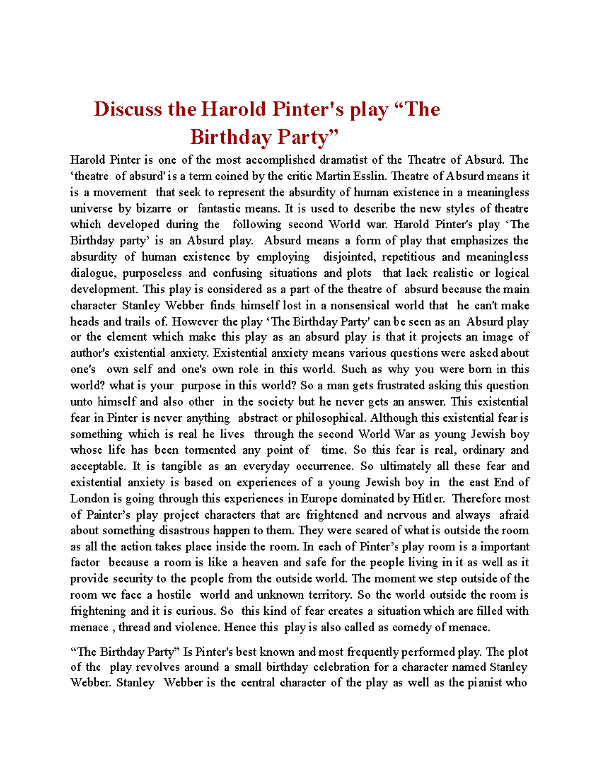 Harold Pinter's play The Birthday Party - English Literature - AMU ...