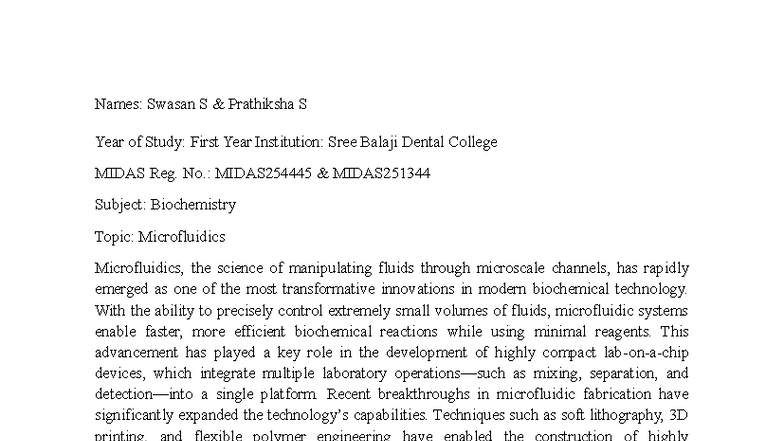 Biochemistry 101: Microfluidics Overview and Applications - Studocu