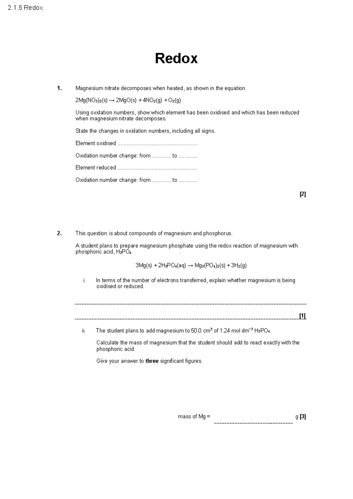 2.1.5 Redox Questions and Answers for Chemistry Exam - Studocu