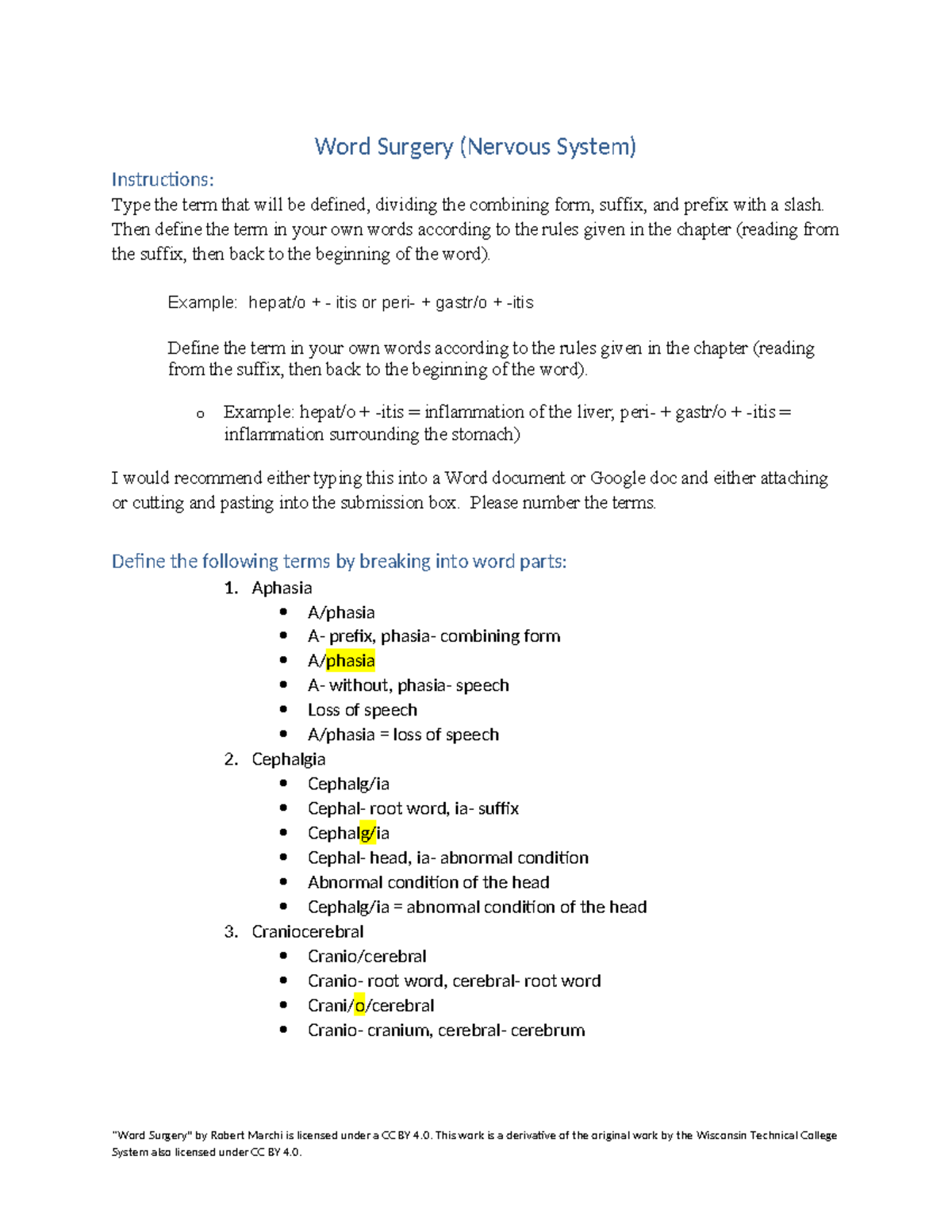 Word Surgery: Definitions and Breakdown (Nervous System) - Studocu