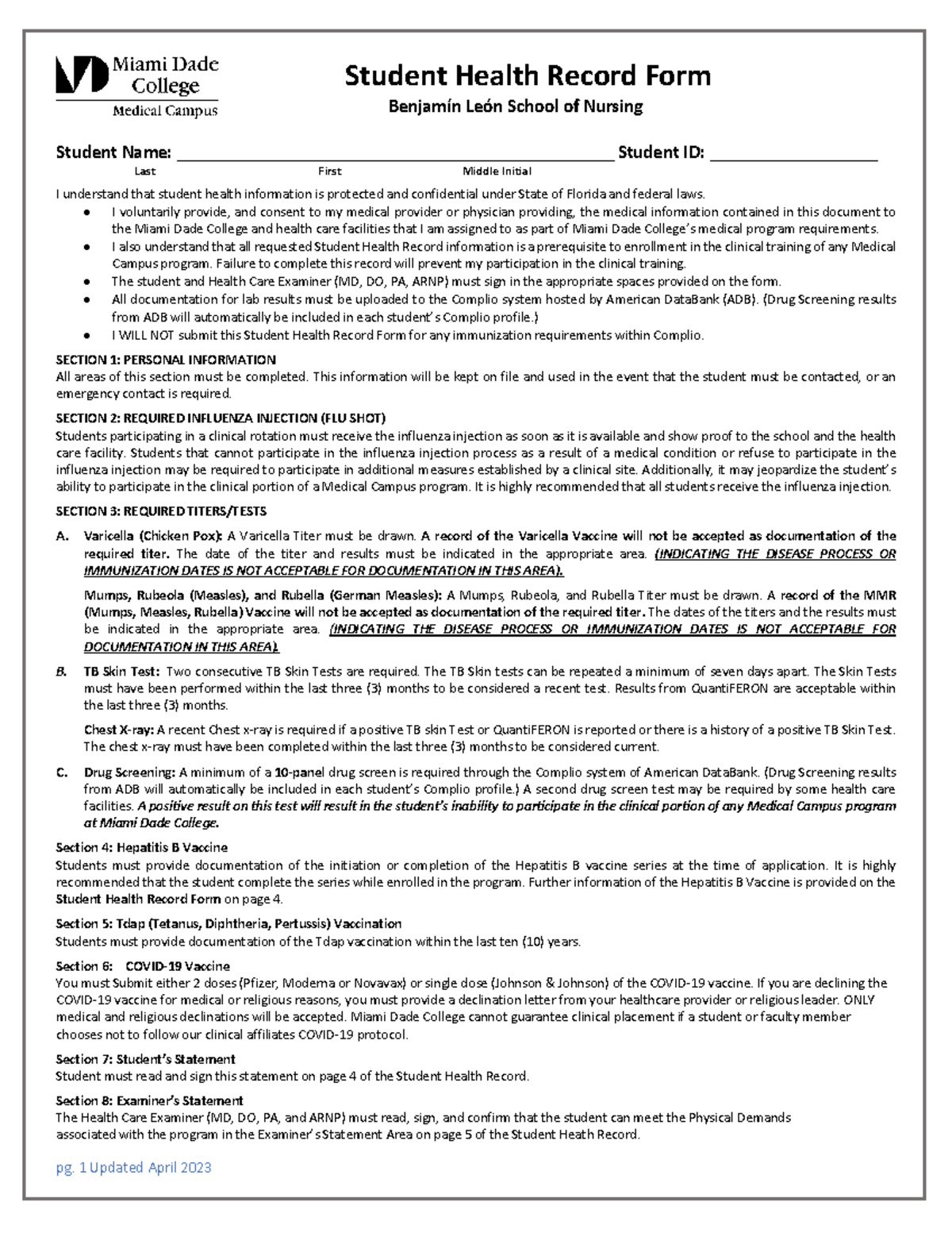 Student Health Record Form-3 for Miami Dade College Medical Program ...