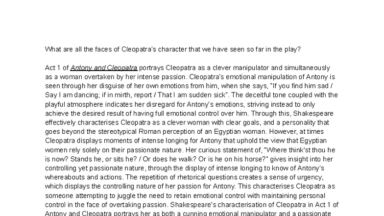 Character Analysis of Cleopatra in Act I of Antony and Cleopatra - Studocu