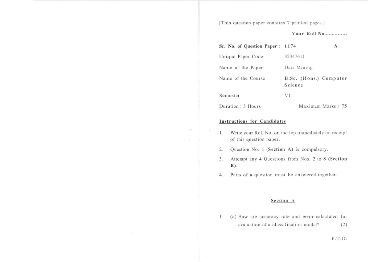 B.Sc. (Hons.) CS VI Data Mining Question Paper (Code: 32347611) - Studocu