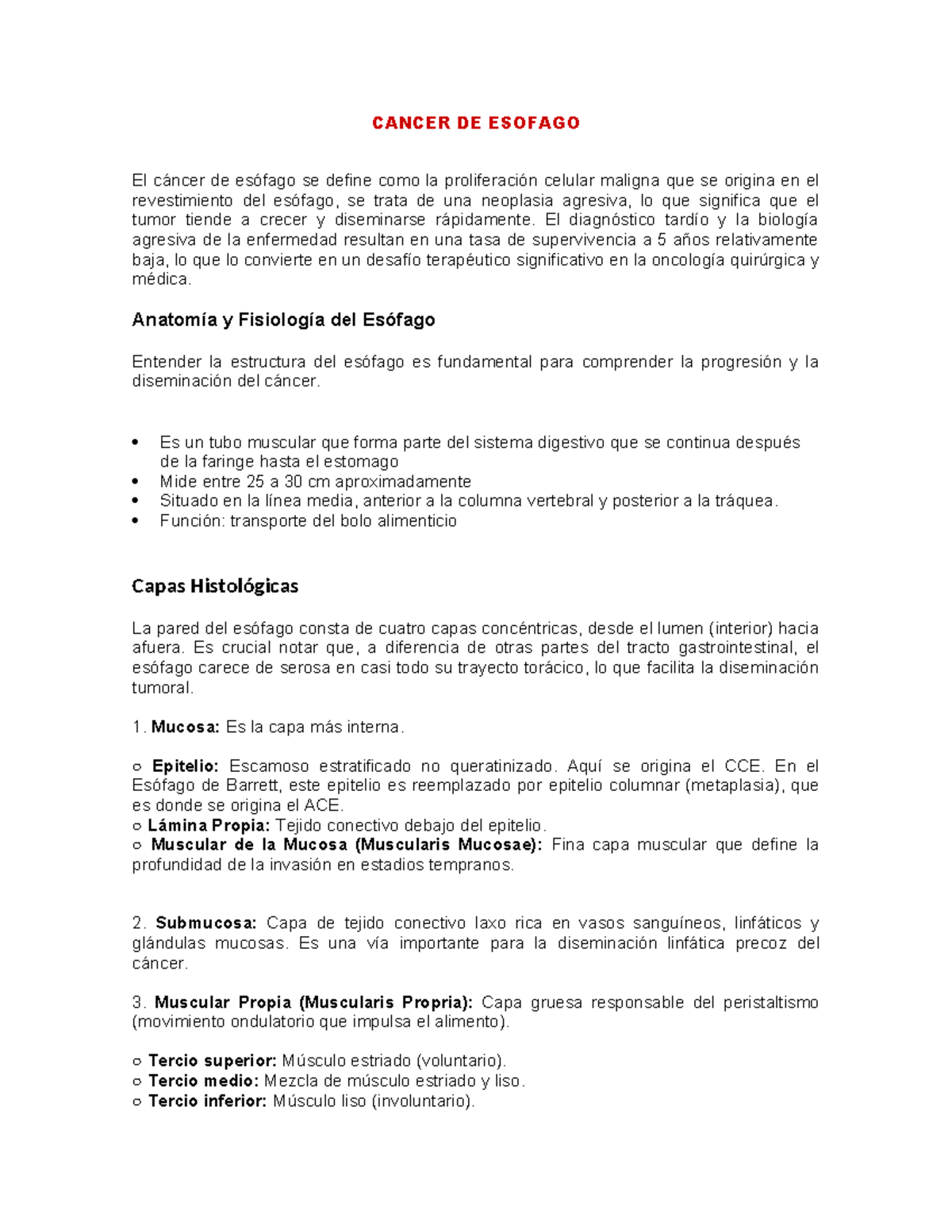 Cáncer de Esófago: Anatomía, Clasificación y Metástasis - Studocu