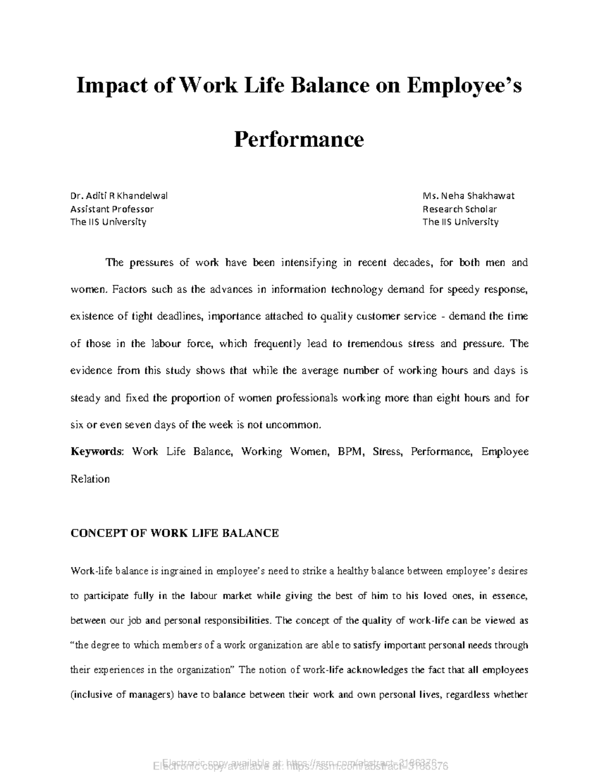 Impact of Work Life Balance on Performance: A Study on Female Employees ...