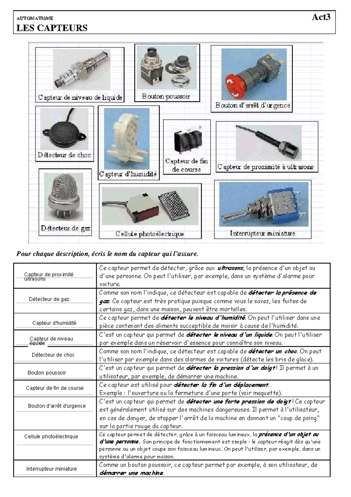 Corrigé de Sujet 2 Exercice 1 : Capteurs et Actionneurs - Studocu