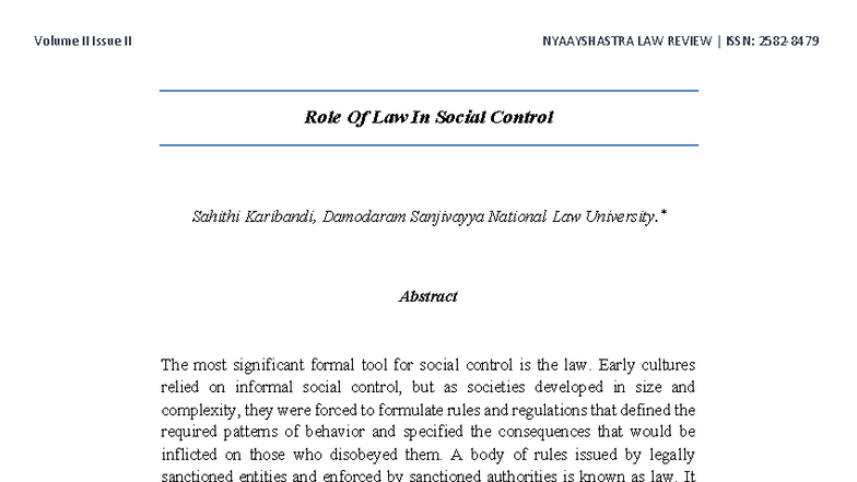 Role of Law in Social Control: Insights from NYAAYSHASTRA LAW REVIEW ...