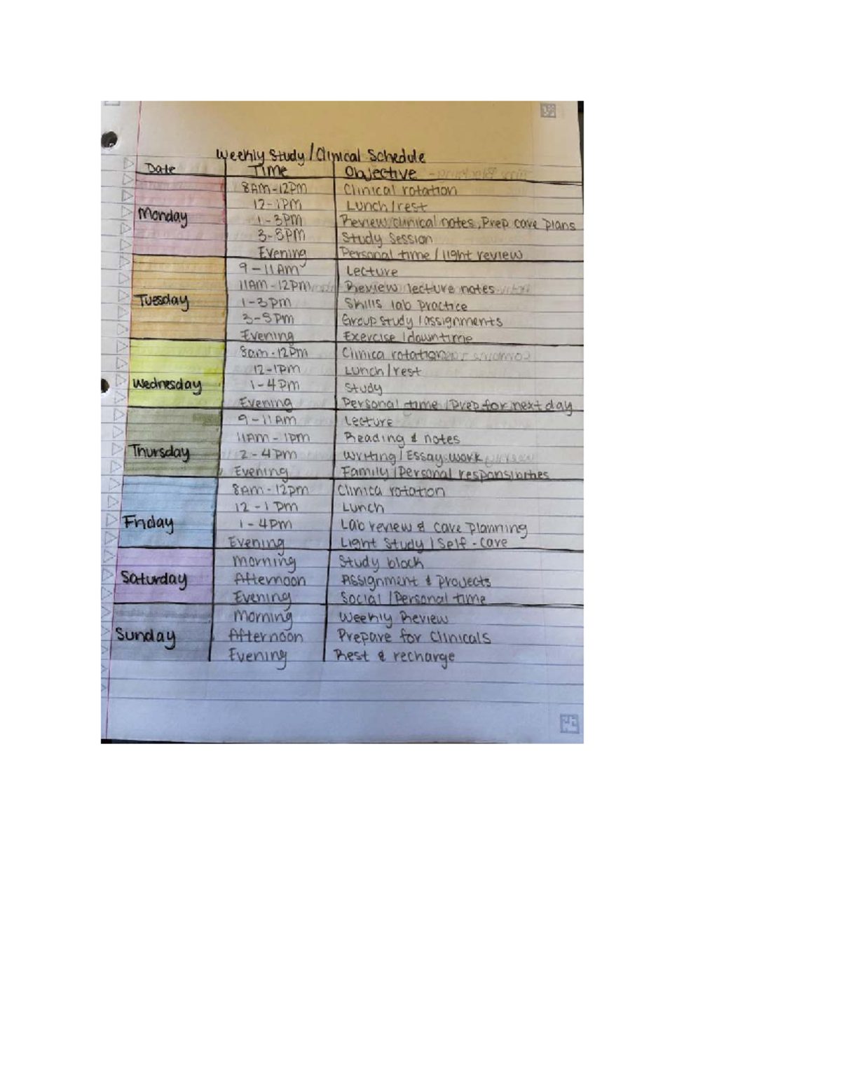 Weekly Clinical Rotation Schedule & Time Management Activity - Studocu