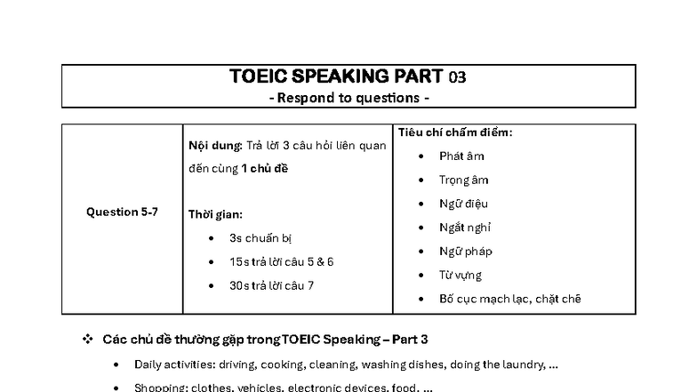 TOEIC Speaking Part 03 - Study Guide for Exam Preparation - Studocu