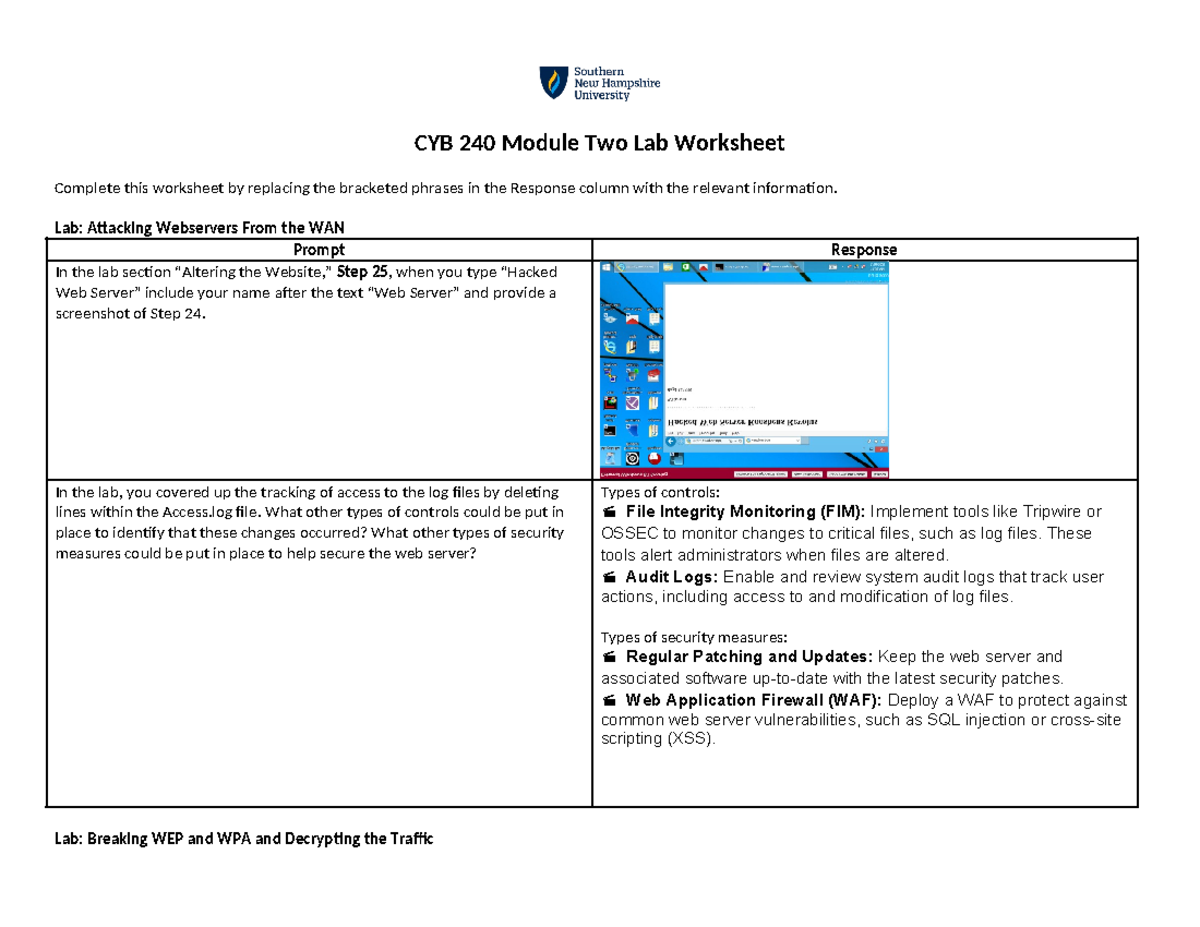 CYB 240 Module Two Lab Worksheet: Webserver Attacks & Security Measures - Studocu