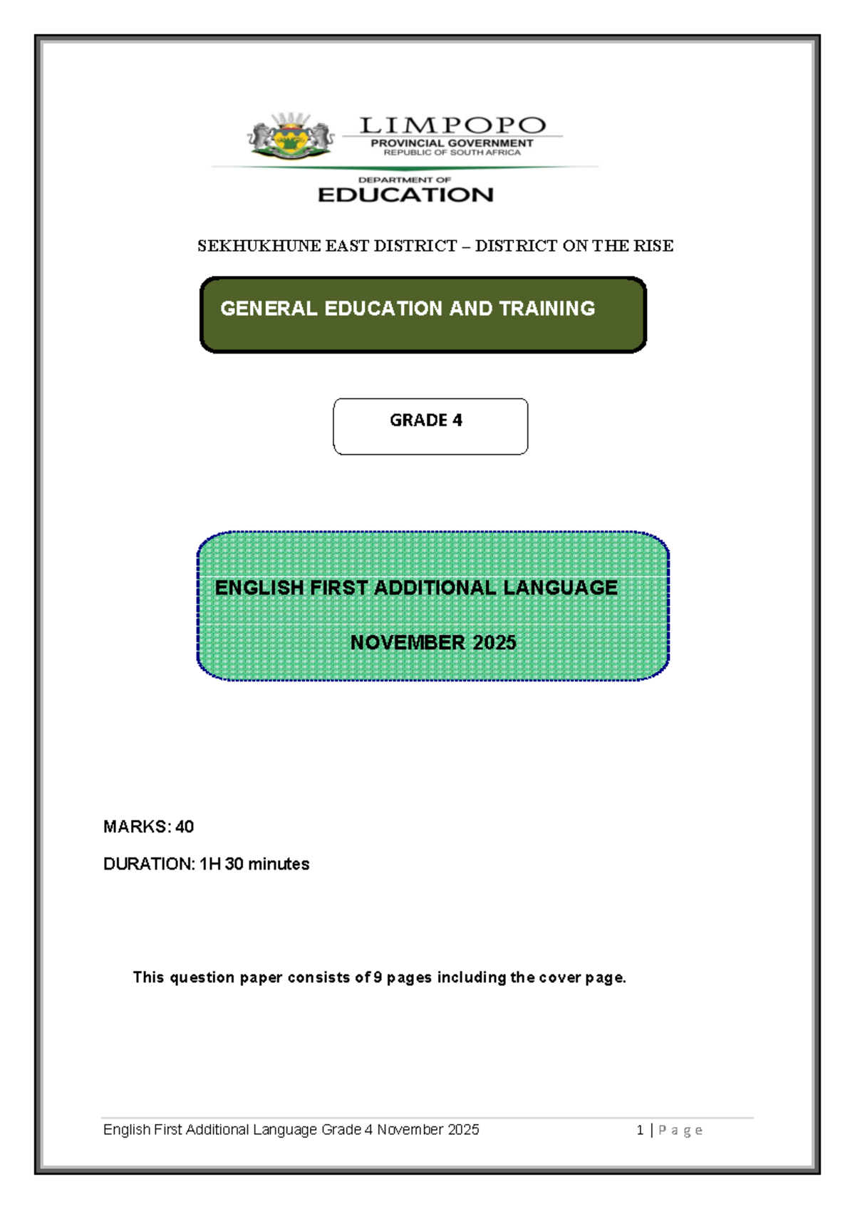 Grade 4 EFAL November 2025 Exam Paper: English First Additional ...