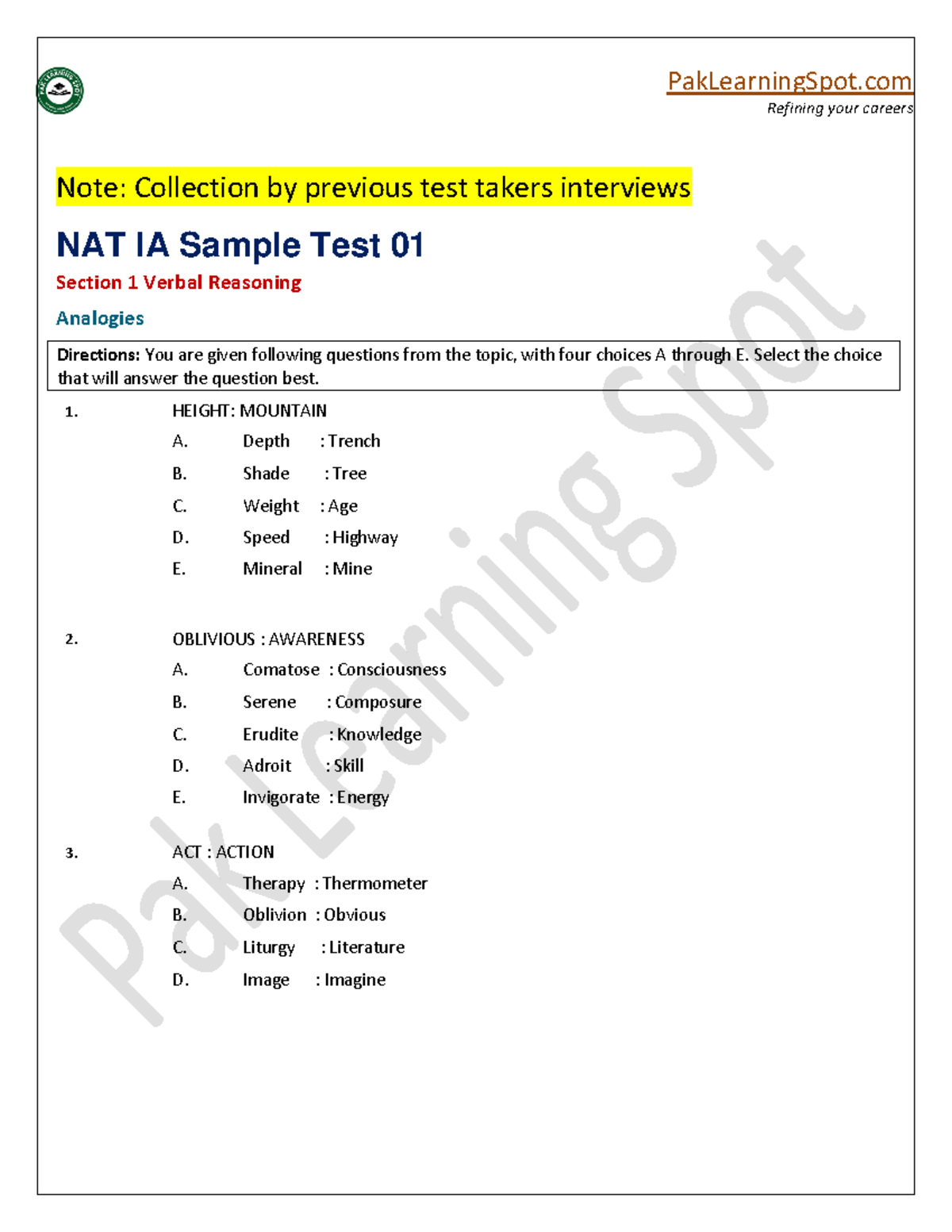 NTS NAT Sample Paper - Verbal, Quantitative & Analytical Reasoning ...