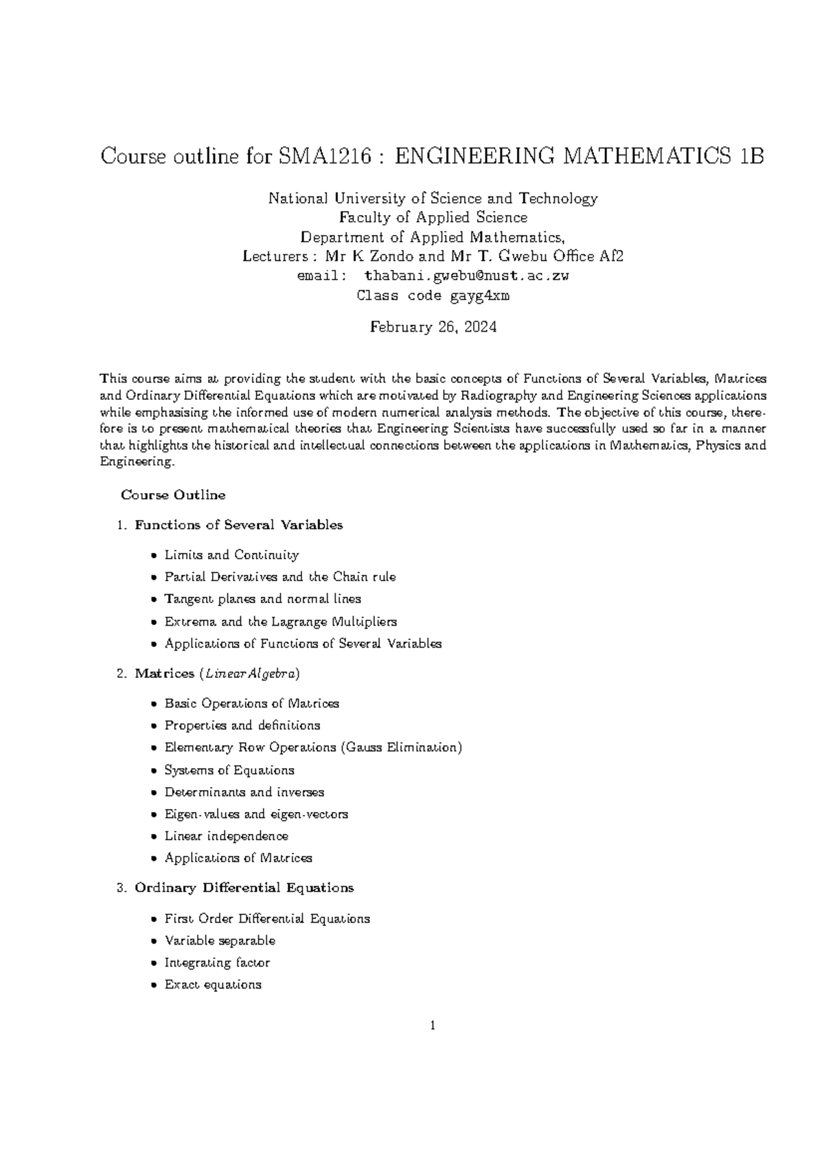 SMA1216 Engineering Mathematics 1B Course Outline and Topics - Studocu