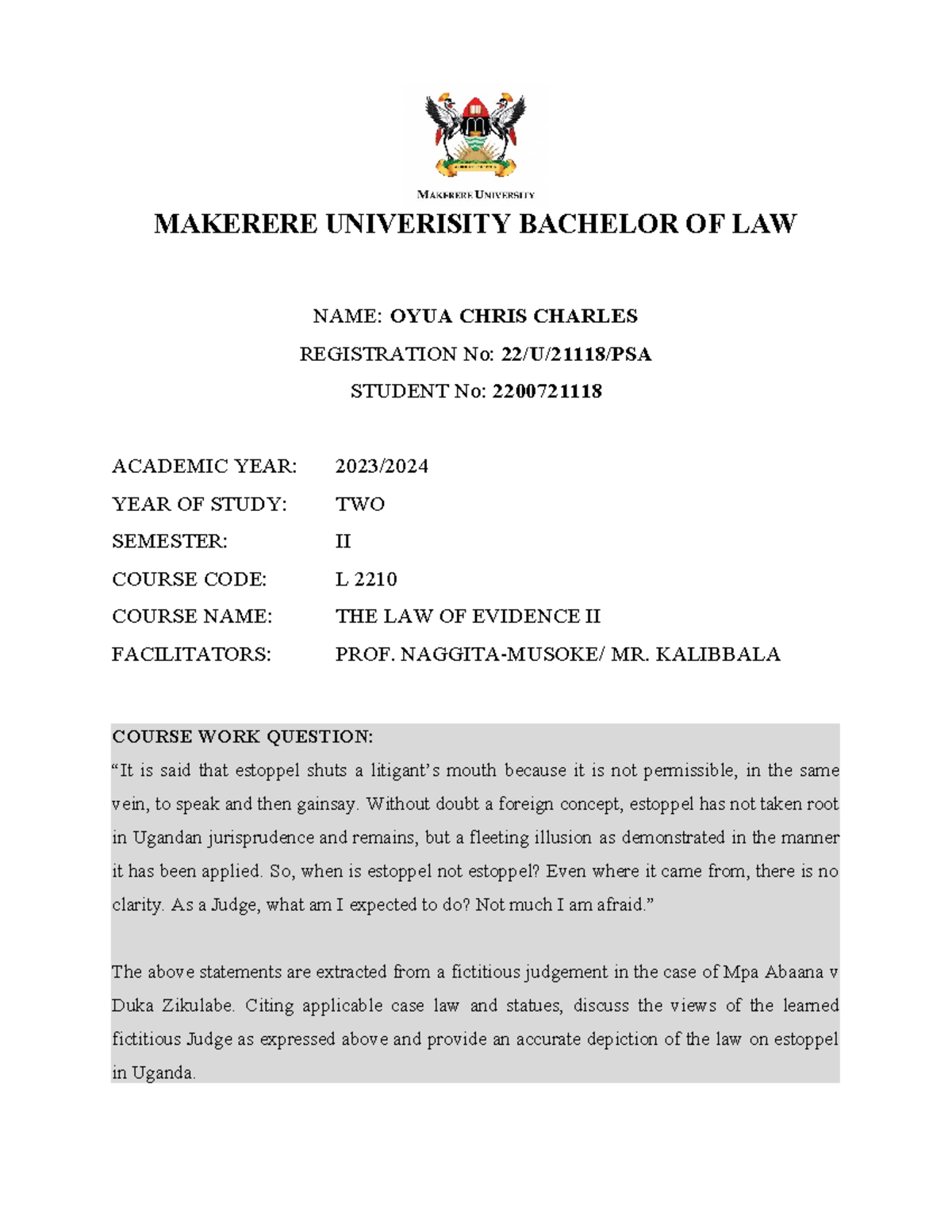 The Law of Evidence - Course Work - 4-03-2024 - Final 4 submision ...