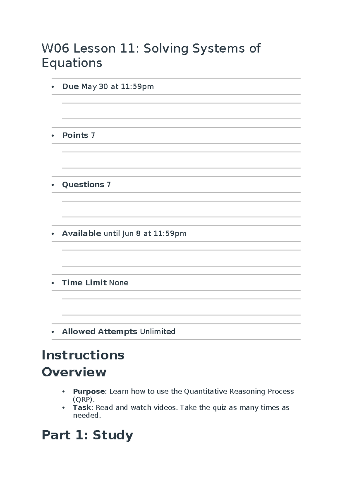 MATH108X W06 Lesson 11 Quiz on Solving Systems of Equations - Studocu