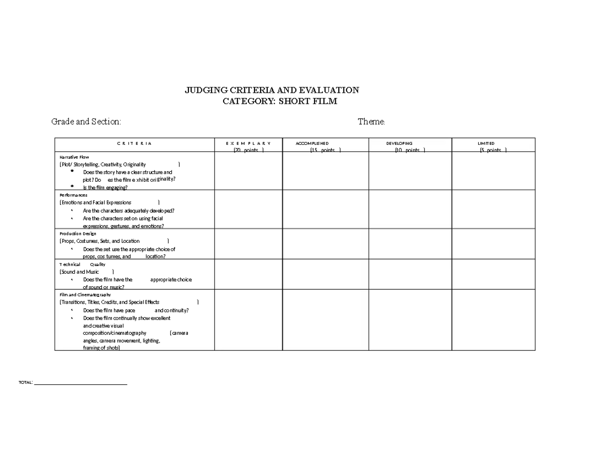 Criteria G11 - JUDGING CRITERIA AND EVALUATION CATEGORY: SHORT FILM ...