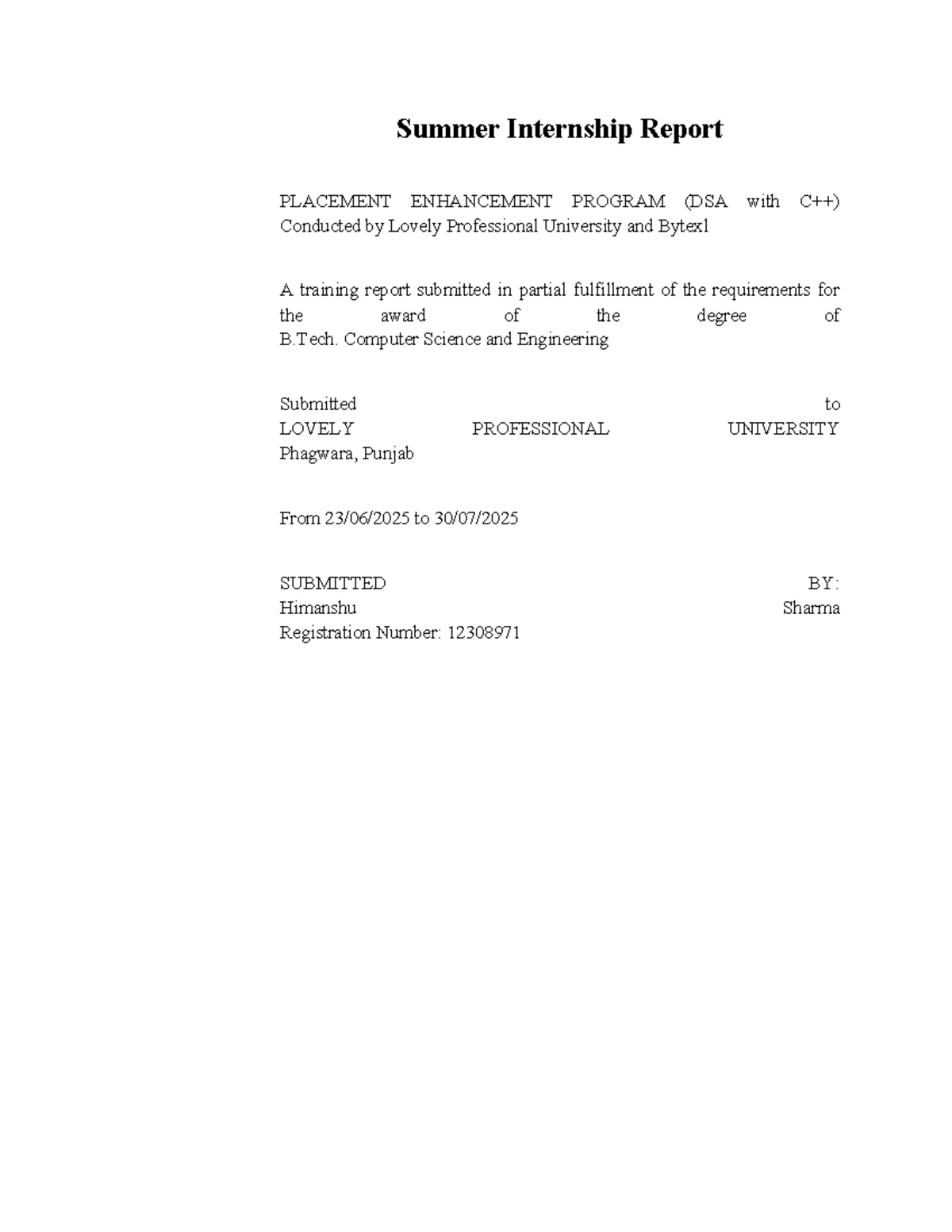 Summer Internship Report on DSA - PEP (B.Tech CSE) - Studocu