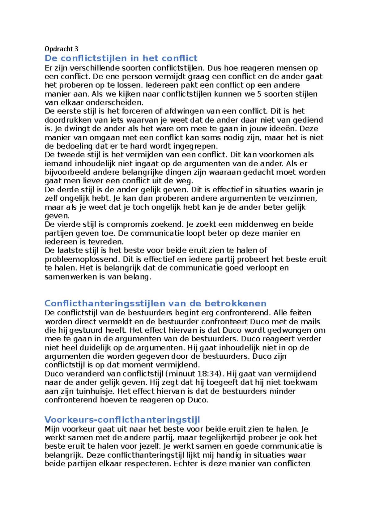 Conflictstijlen en Voorkeursconflicthantering in Opdracht 3 - Studeersnel