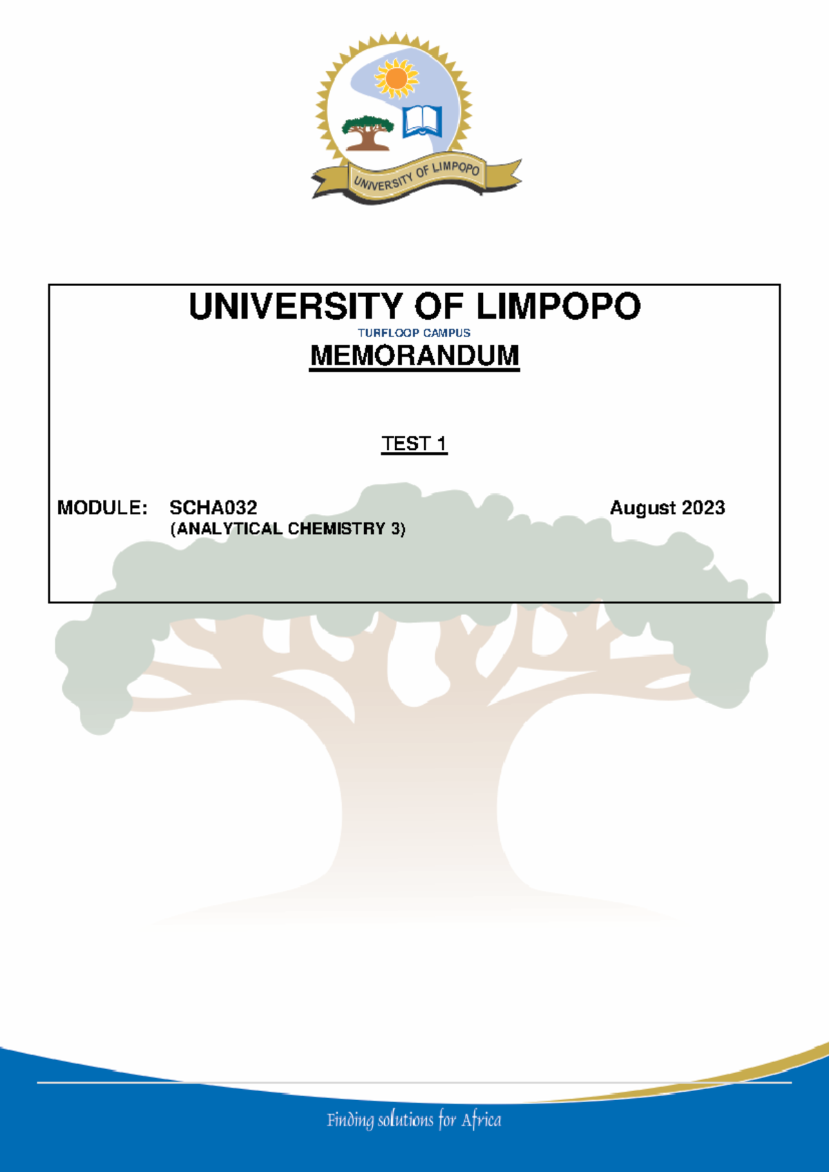 2023 Test 1 SCHA032a Memorandum - UNIVERSITY OF LIMPOPO TURFLOOP CAMPUS ...