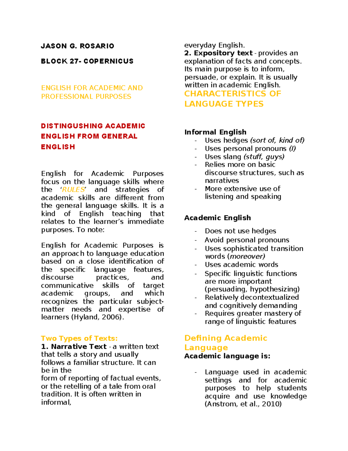 EAPP 101: Understanding Academic vs. General English - Studocu