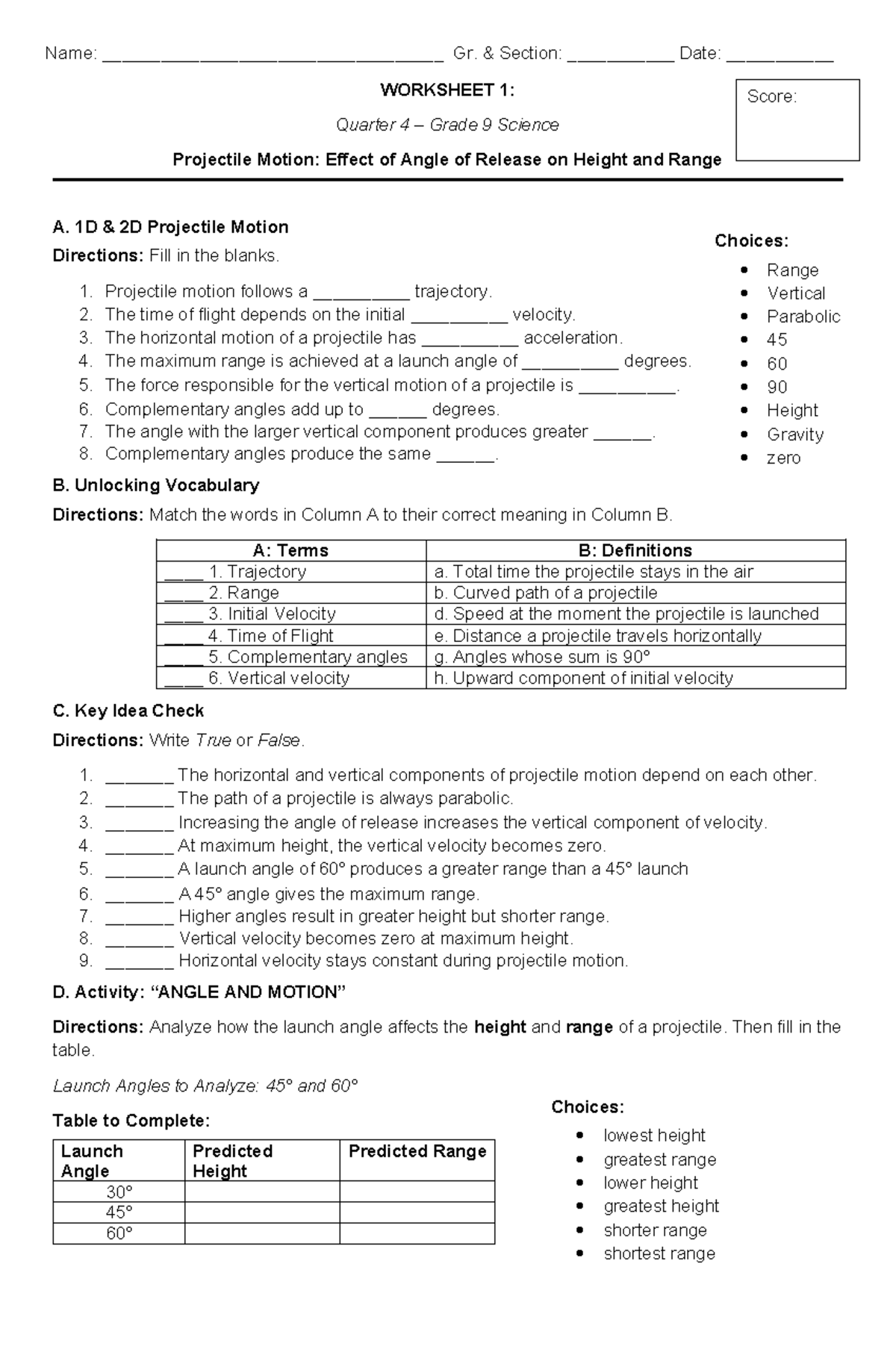 Grade 9 Science Q4: Projectile Motion Worksheet on Angle Effects - Studocu