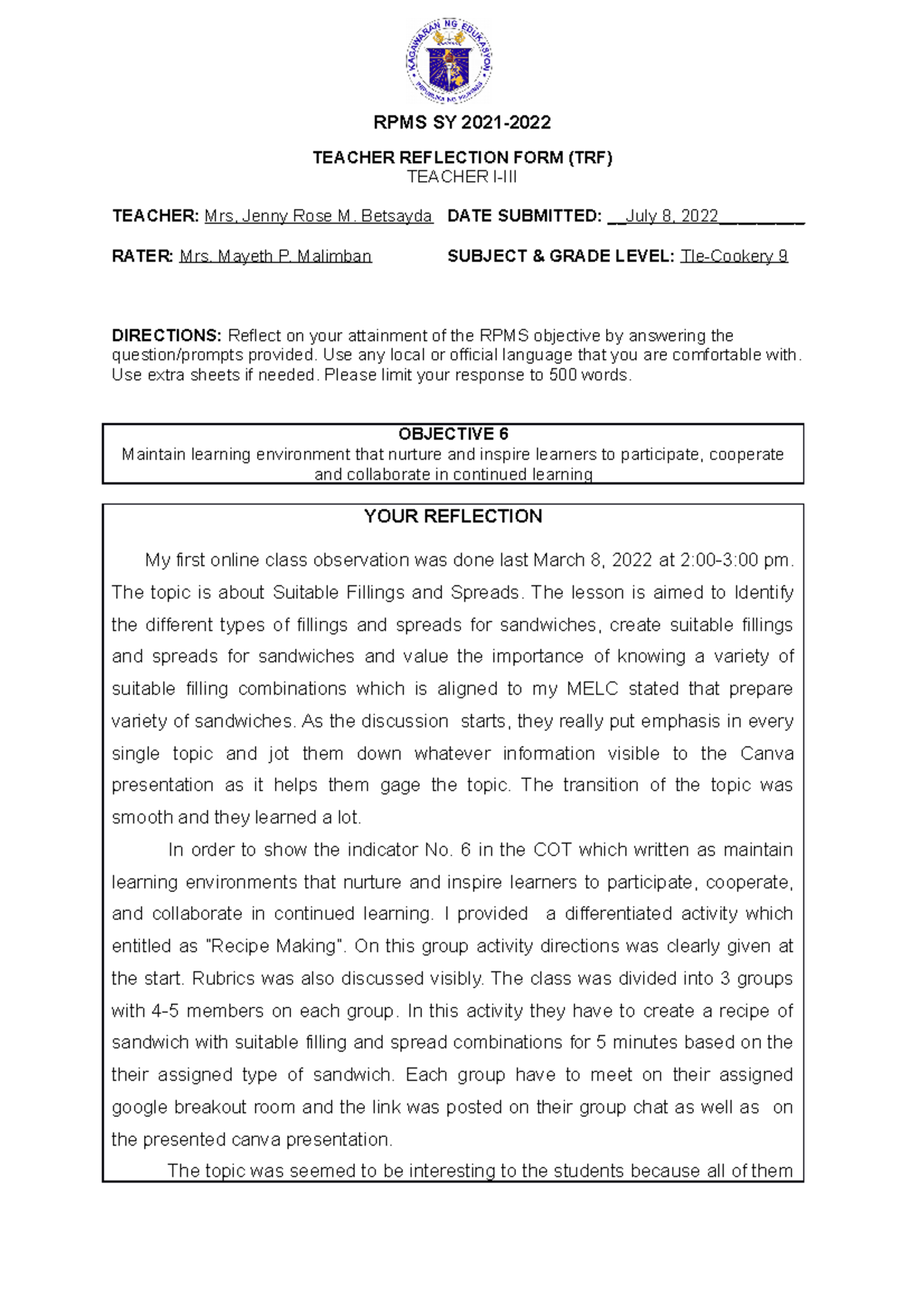 Teacher-Reflection-Form-RPMS COT 1 - RPMS SY 2021- TEACHER REFLECTION ...