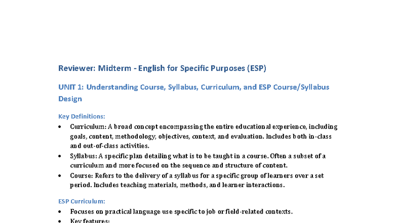 ESP Midterm Reviewer: Understanding Syllabus & Course Design - Studocu