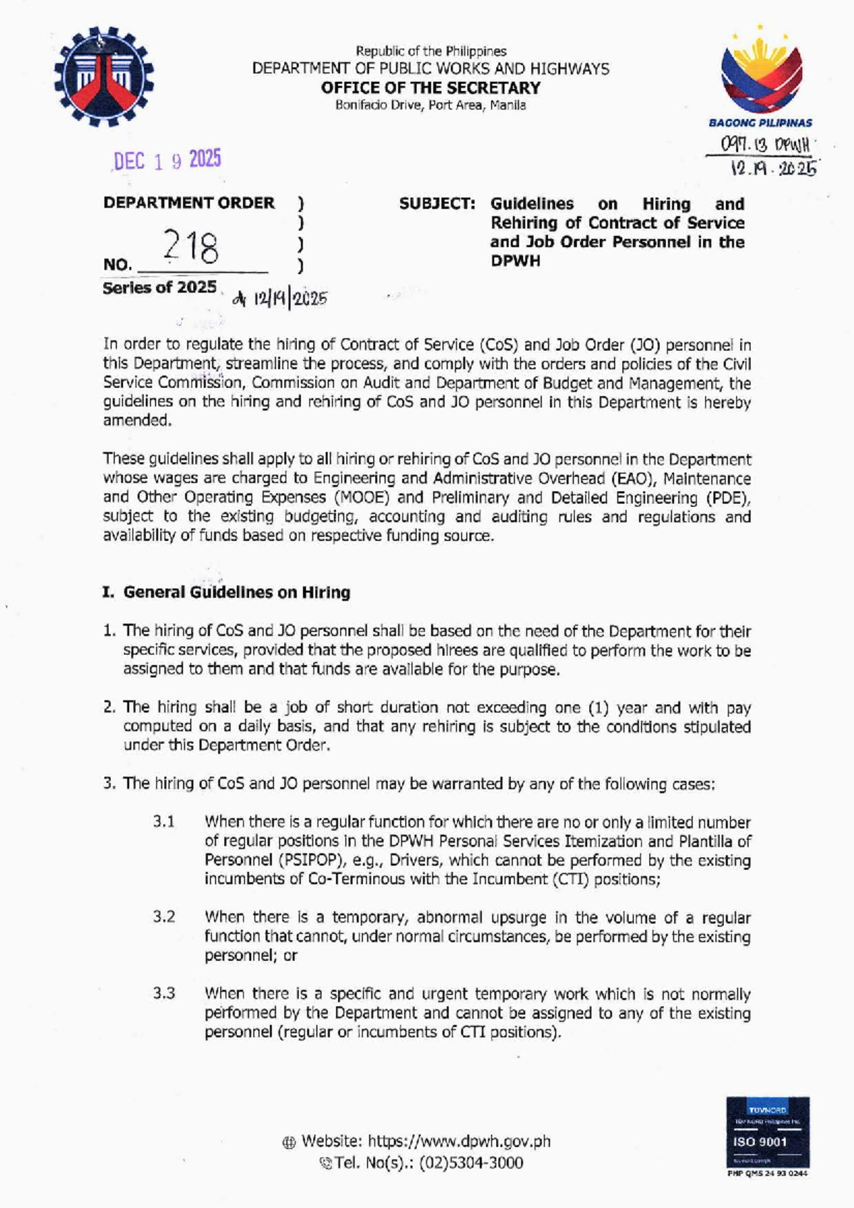 DPWH DO 218 s2025: Guidelines for Hiring/Rehiring JO Personnel - Studocu