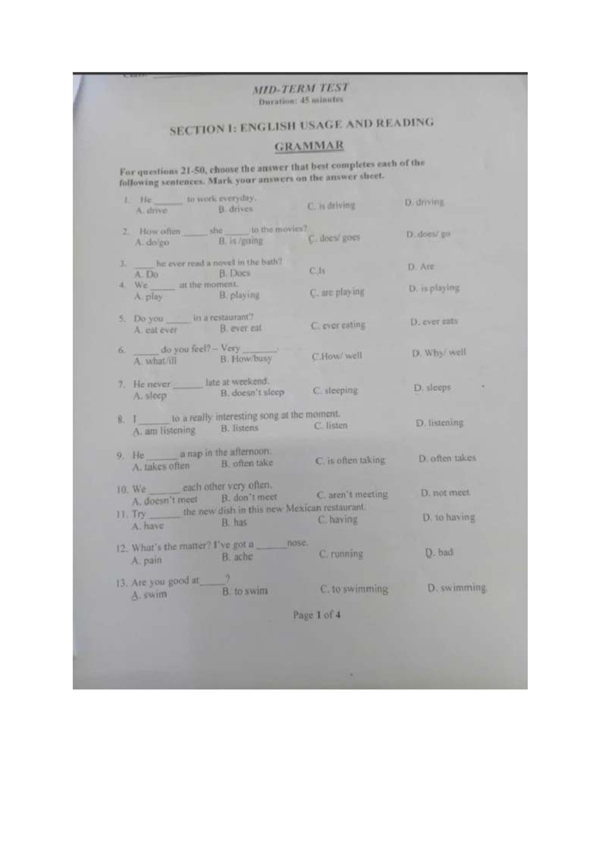 ENGLISH 1 MIDTERM TEST: GRAMMAR & VOCABULARY QUESTIONS - Studocu