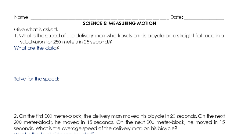 SCIENCE 5: Measuring Motion - Speed and Velocity Calculations - Studocu