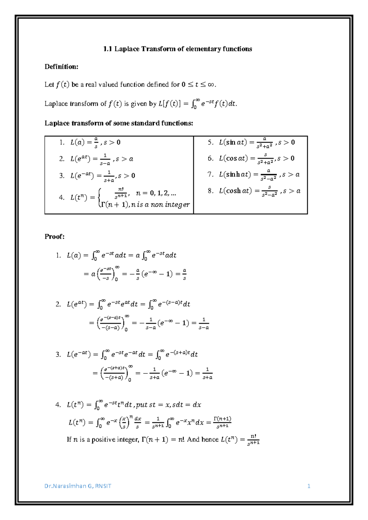 21MAT31 Module 1 - Laplace Transform of Elementary Functions Notes ...
