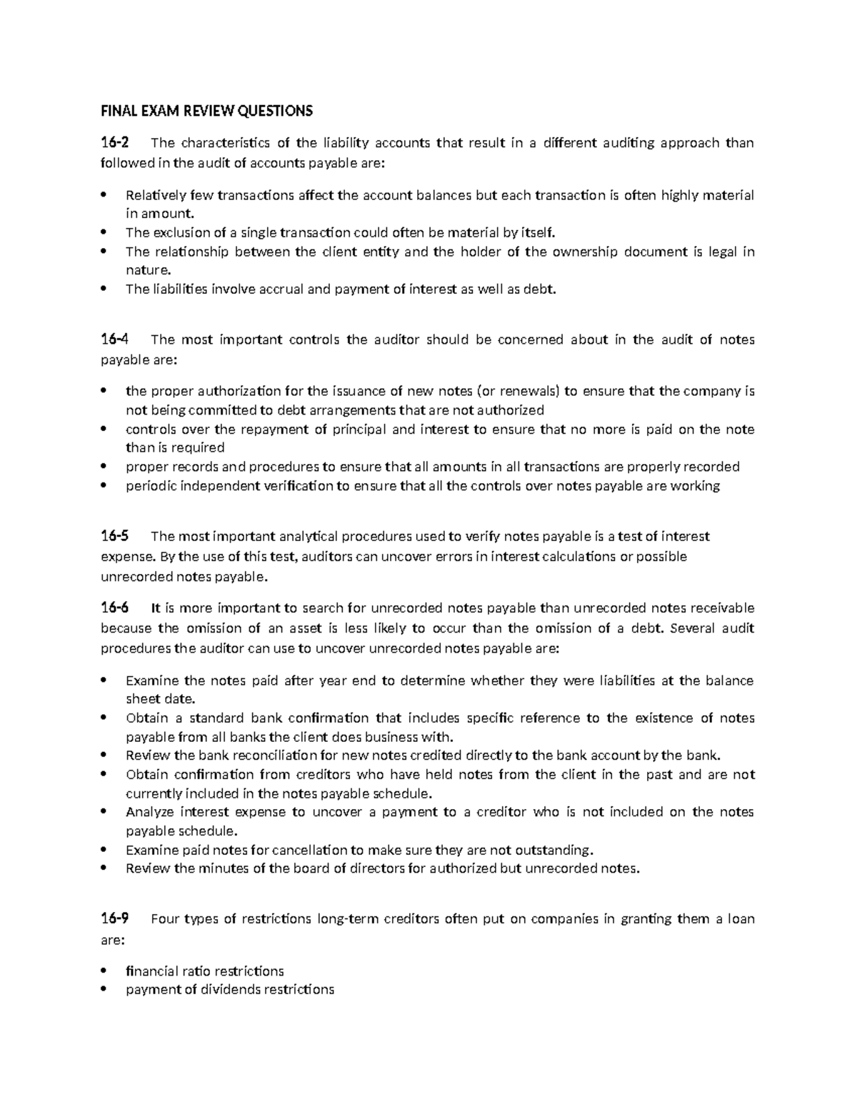FINAL EXAM REVIEW QUESTIONS for AUD 101: Liability Accounts and Audit ...