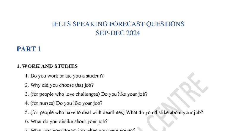 IELTS Speaking Forecast Questions Q3 2024: Work, Hometown & More - Studocu