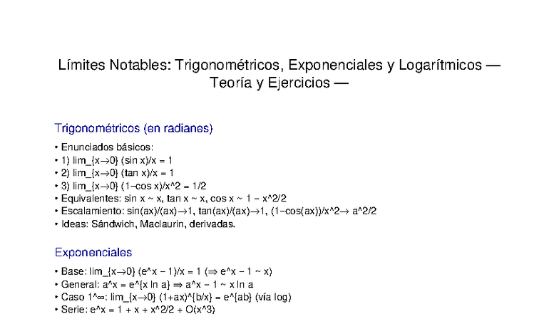 Límites Notables: Teoría y Ejercicios Trigonométricos (en rad) - Studocu