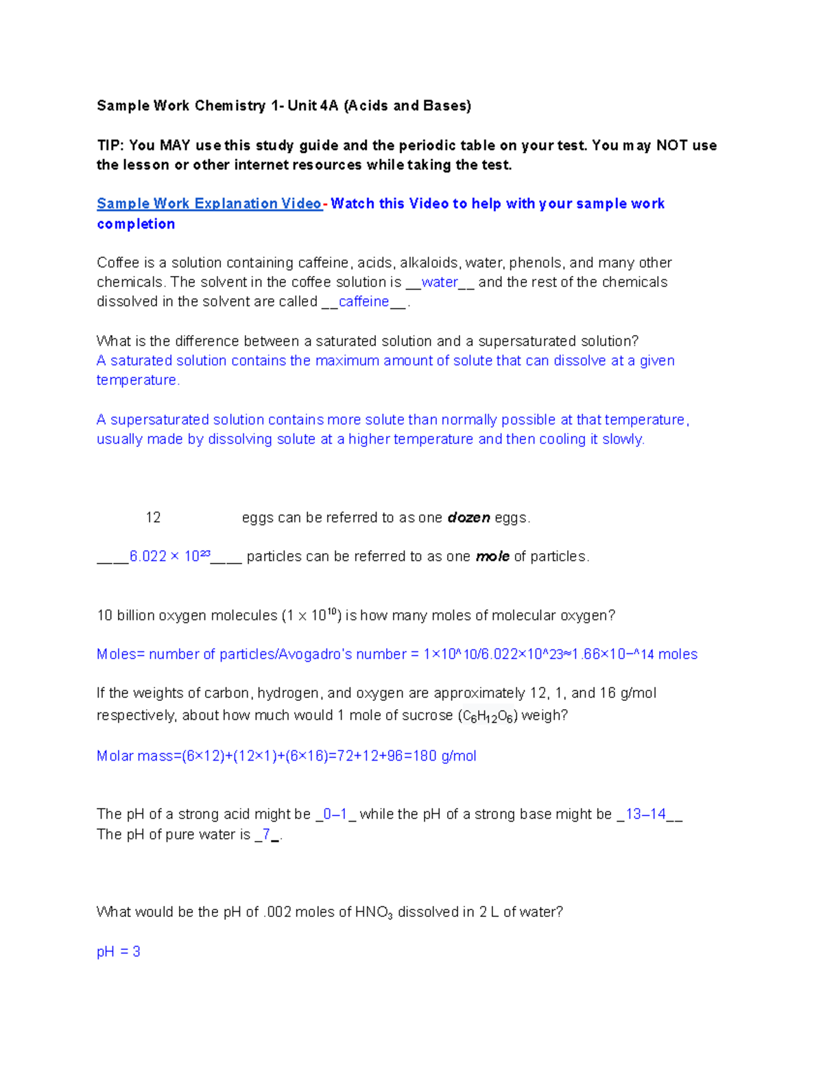 Chemistry SW (6A) Study Guide: Acids, Bases, and Solutions - Studocu