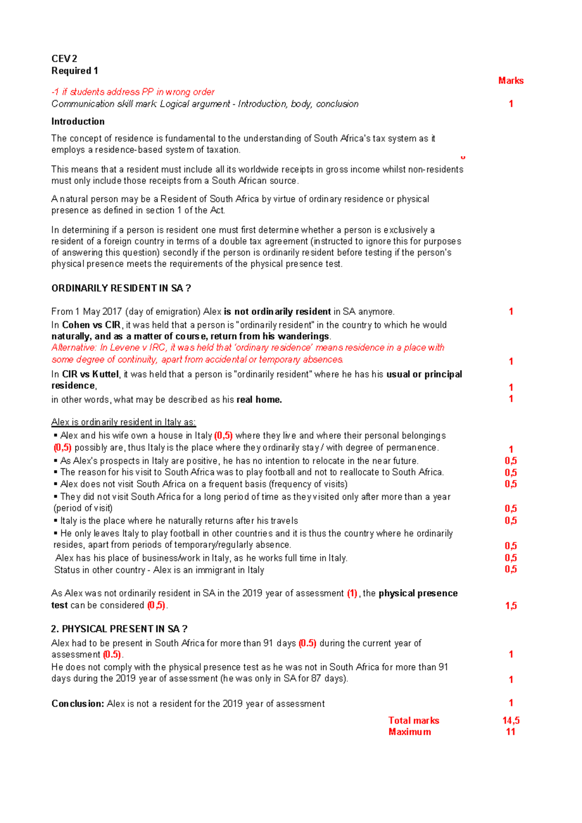 CEV 2 2019 Solution: Tax Residency Analysis and Physical Presence Test ...